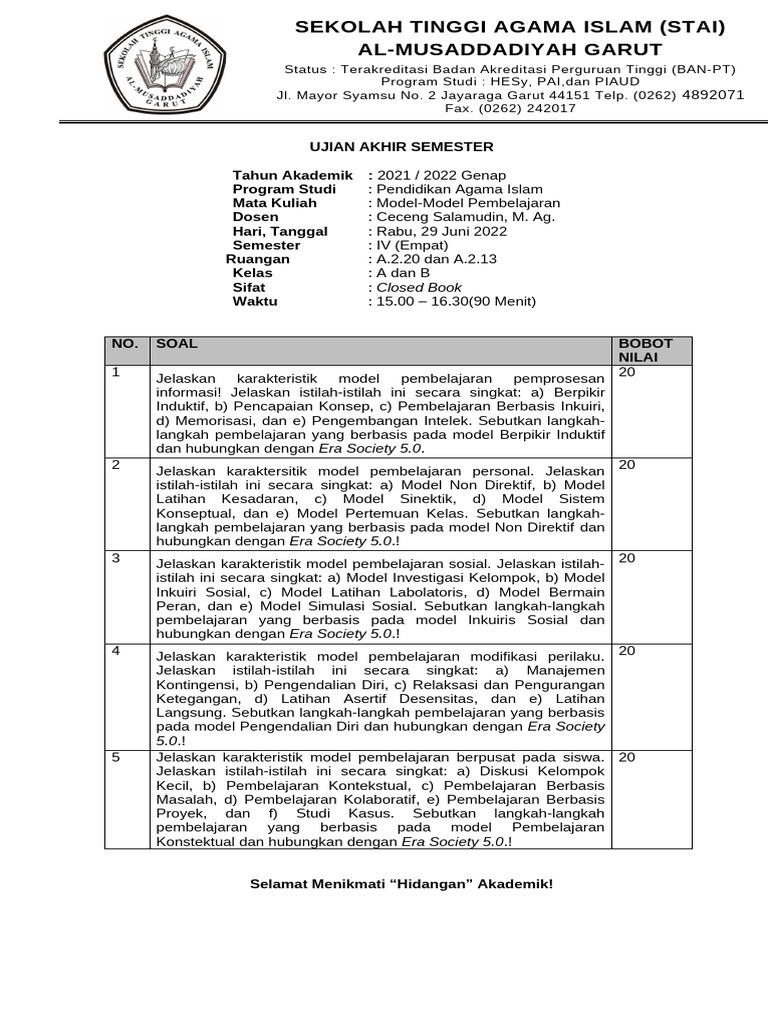 PAI 4 Model Model Pembelajaran 2021 2022 UAS 2 Ceceng Salamudin | PDF
