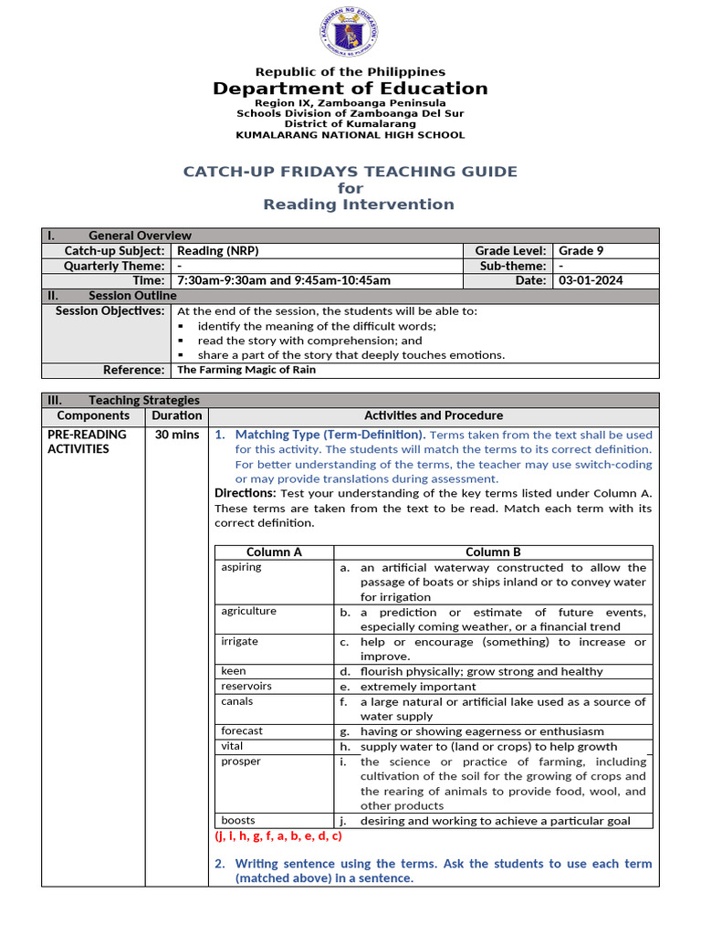 G9 TG Reading Intervention 03 01 24 | PDF | Soil | Language Arts & Discipline
