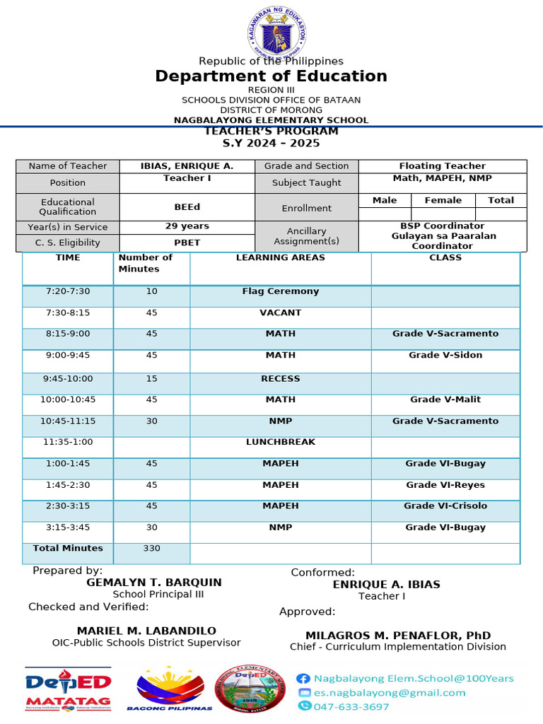 Teachers-Program-SIR RICKY-2024-2025-MATATAG | PDF