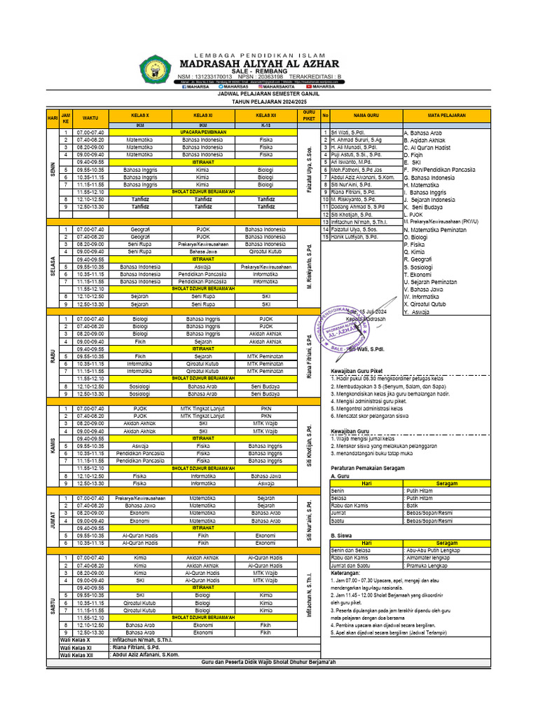 Jadwal Pelajaran TP. 2024-2025 | PDF