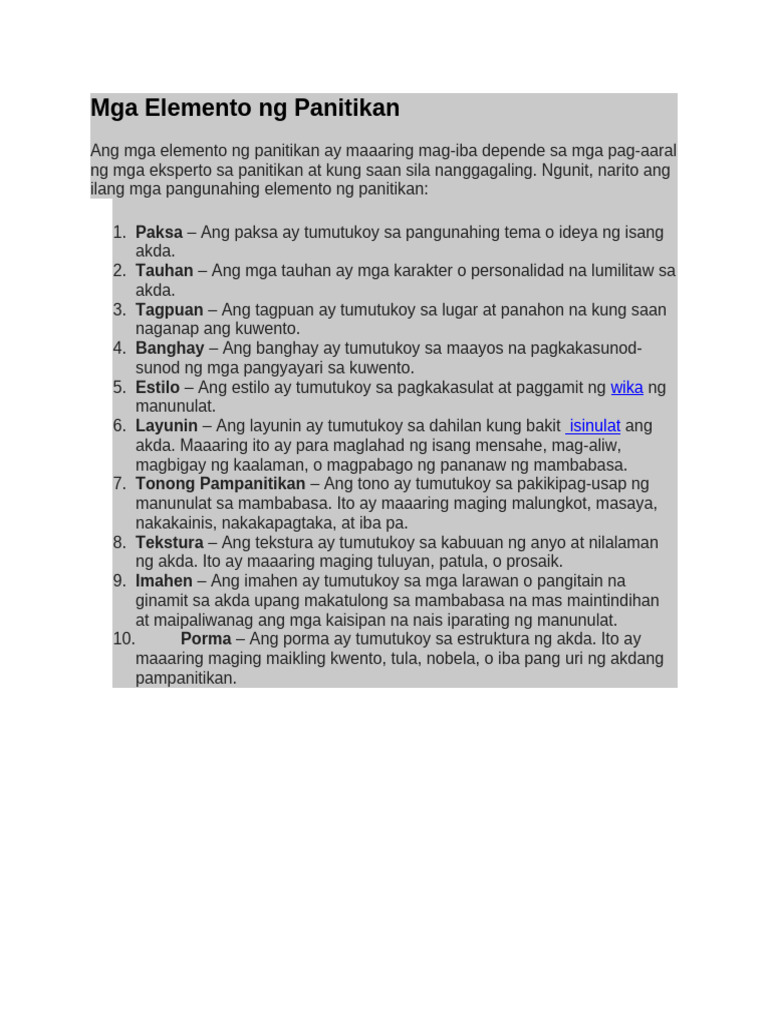 Mga Elemento NG Panitikan | PDF