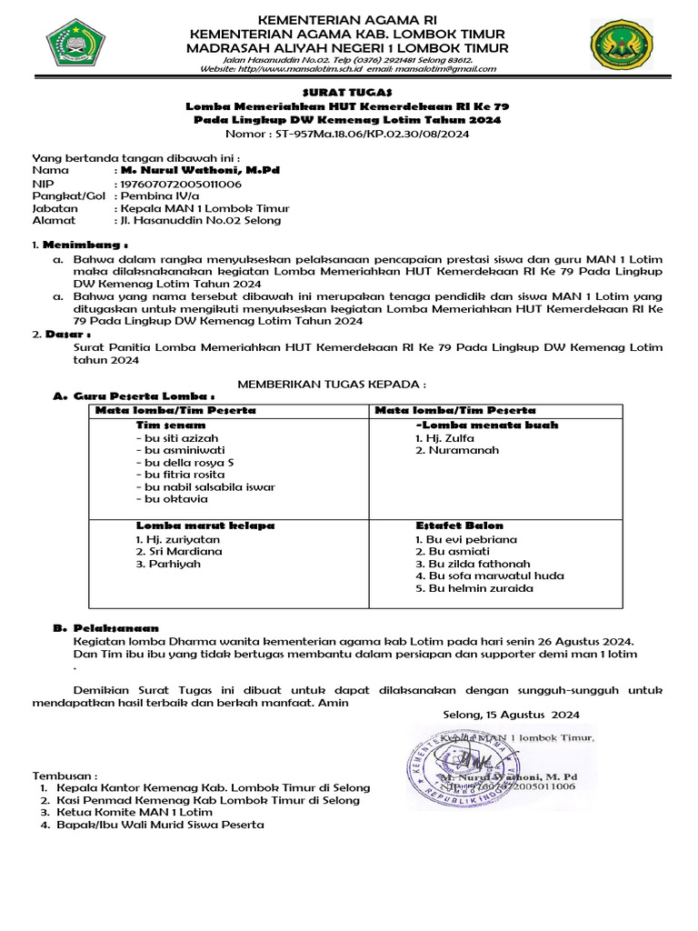 Surat Tugas Lomba DW Kemenag Lotim - Hut Ri Ke 79 THN 2024 | PDF