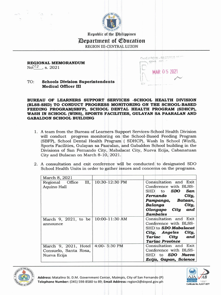 RM No. 062, s. 2021- Bureau of Learners Support Services-School Health Division (BLSS-SHD) to ...