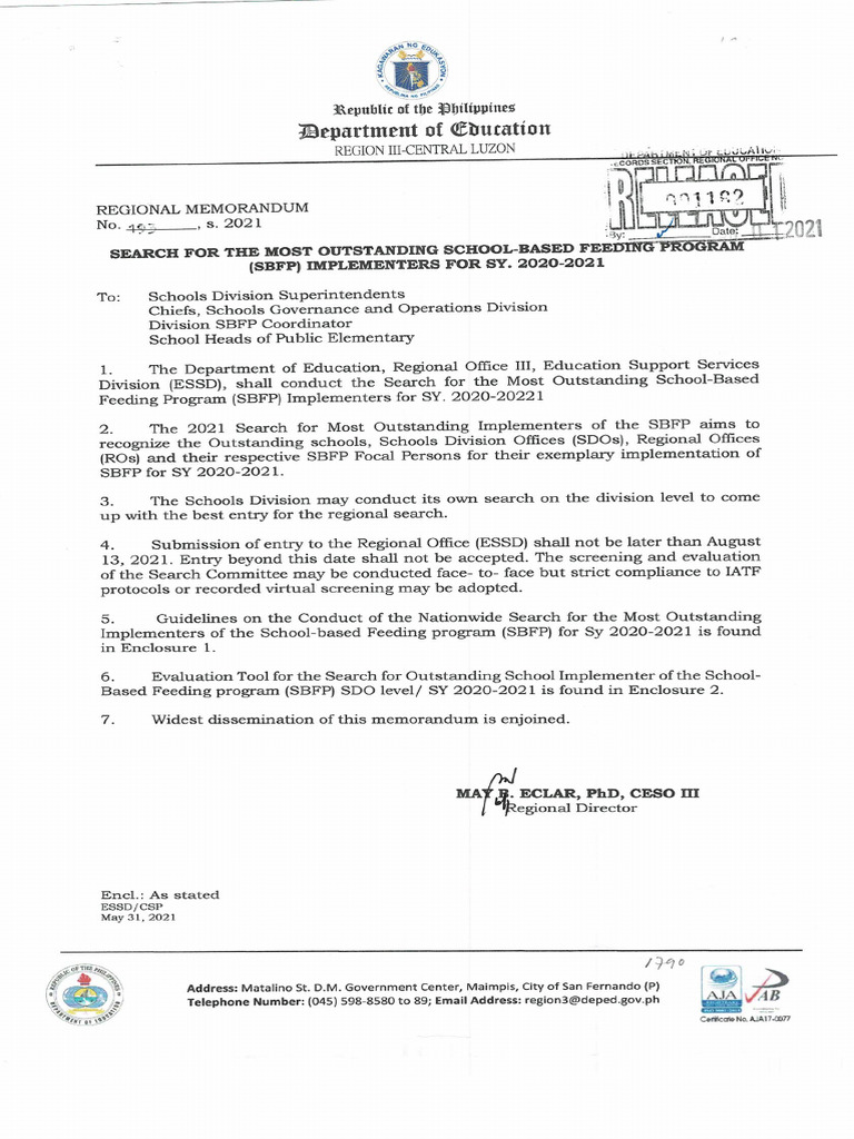 RM No. 193, s. 2021 - Search for the Most Outstanding School-Based ...