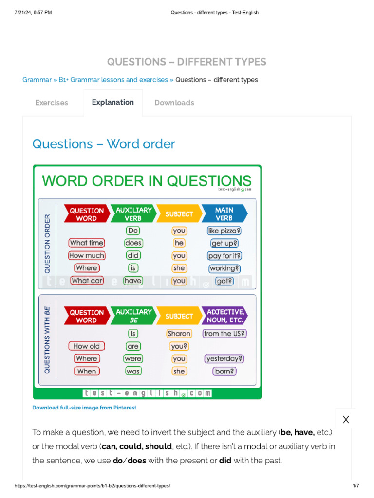 Questions - Different Types - Test-English | PDF