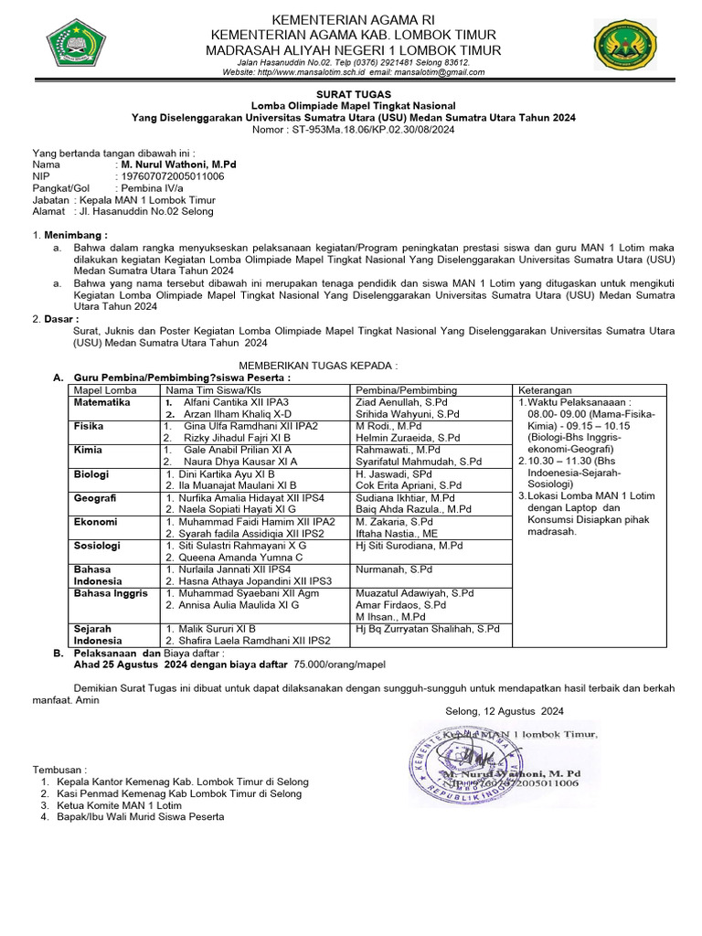 Surat Tugas Lomba Olimpiade Mapel Nasional Fmipa Usu Medan Sumut 2024 | PDF