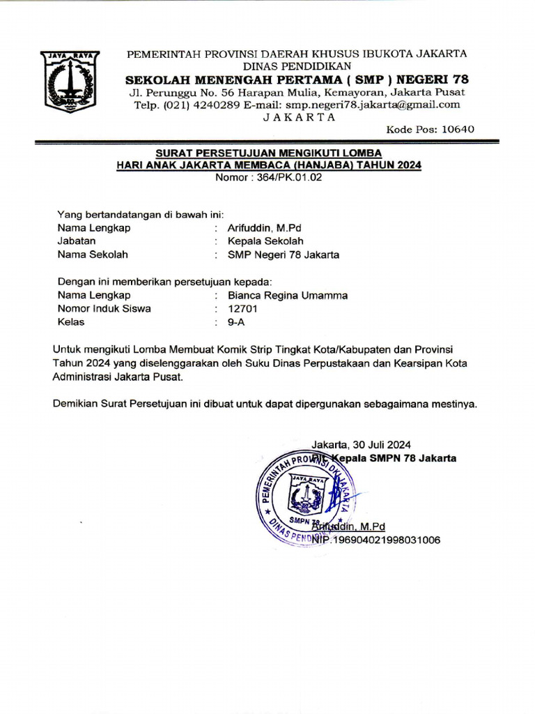 Surat Persetujuan Bianca Regina Umamma | PDF