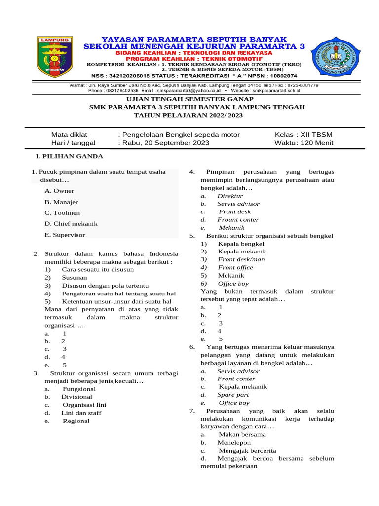 Uts SMT 1 Pengelolaan Bengkel TSM | PDF