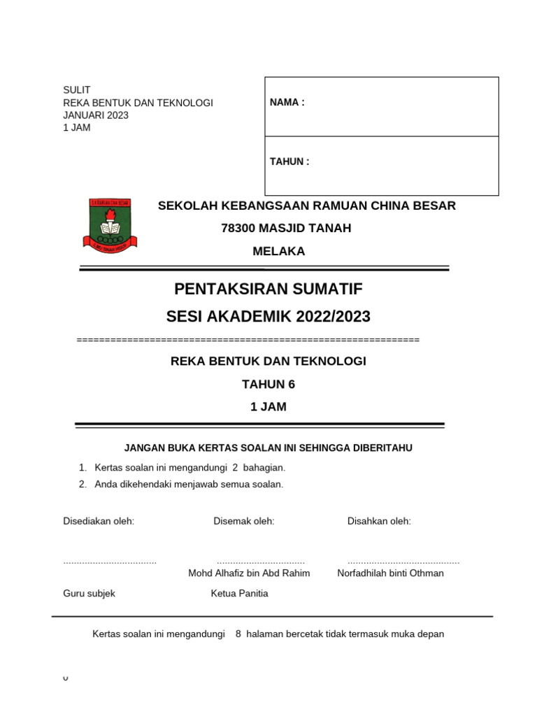Soalan RBT Tahun 6 2023 Word | PDF