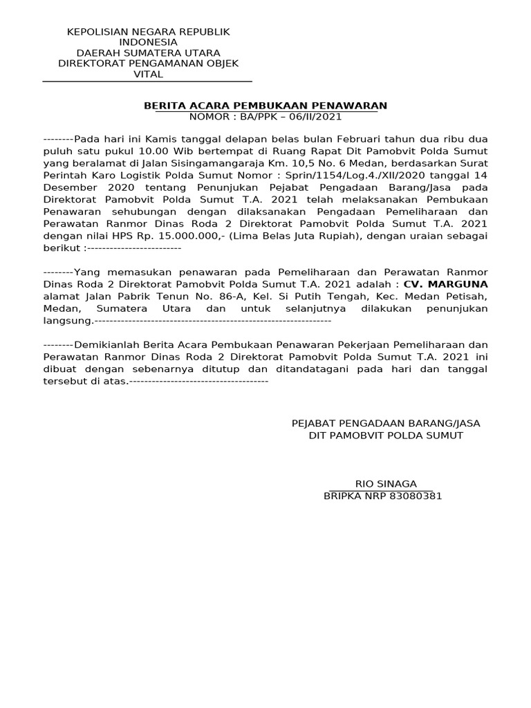 Ba Pembukaan Penawaran Harwat R-2 Dit Pamobvit T.A. 2021 (OK) | PDF