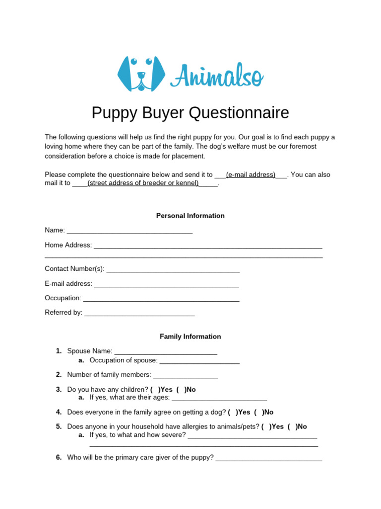 Puppy Buyer Questionnaire 2 | PDF