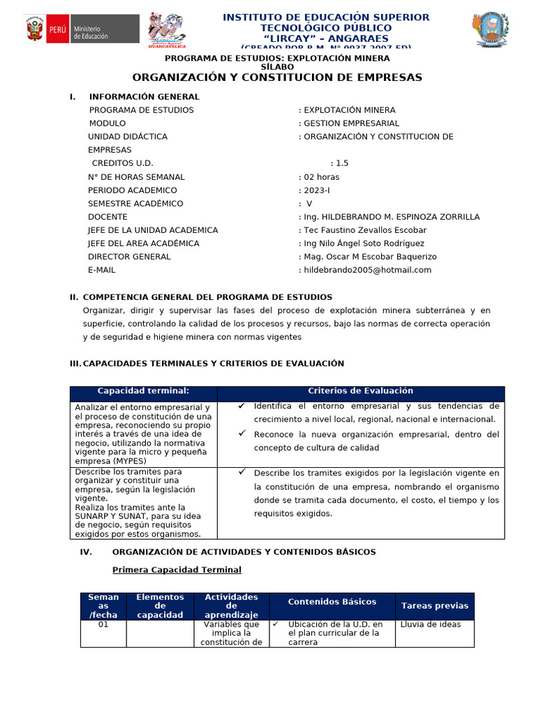 Silabo Organiz.y Const. de Emprresas | PDF