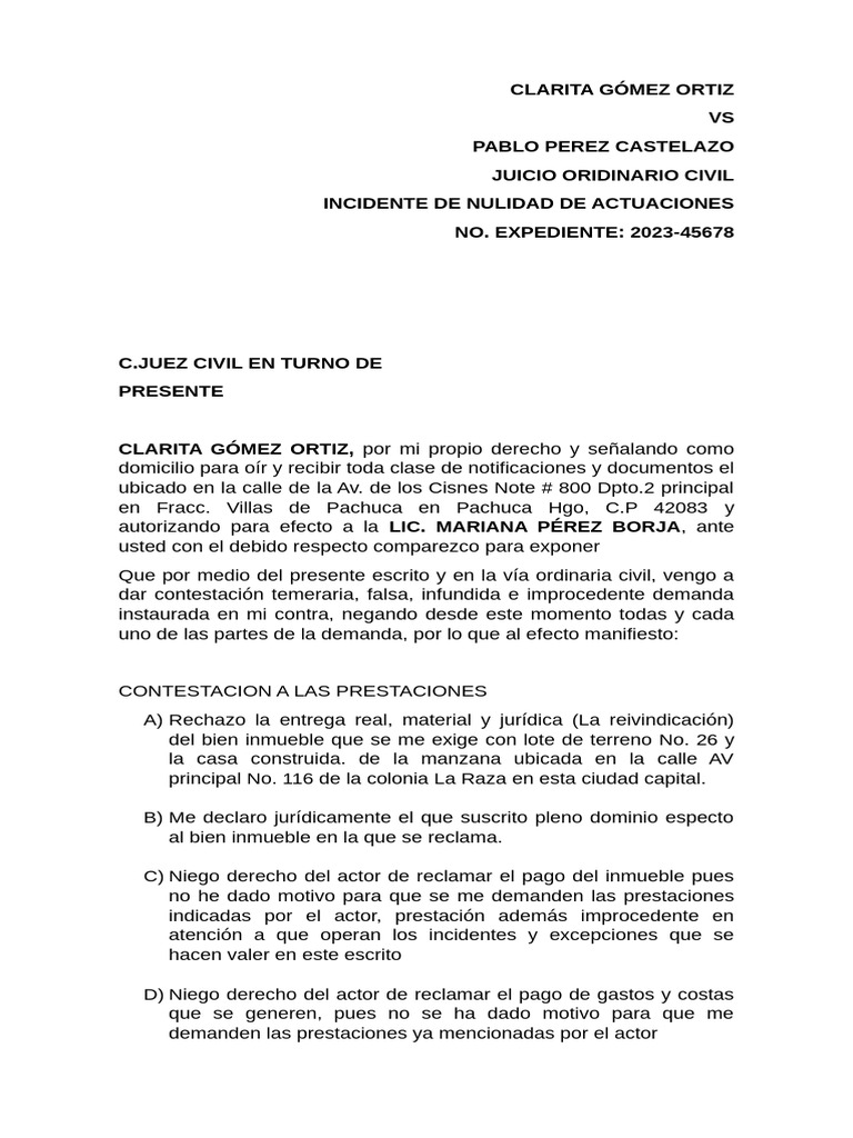 Contestacion de Demanda Civil | PDF