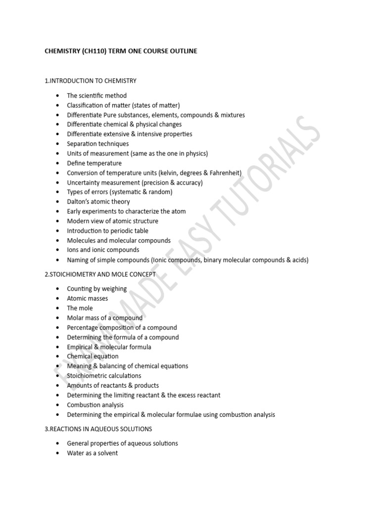 Chemistry Term One Coverage | PDF