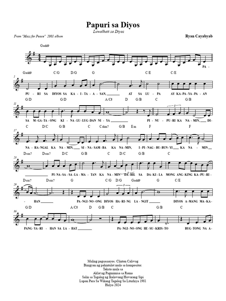 Papuri Sa Diyos Ryan Cayabyab Luwalhati Sa Diyos Mass For Peace Updated Pdf