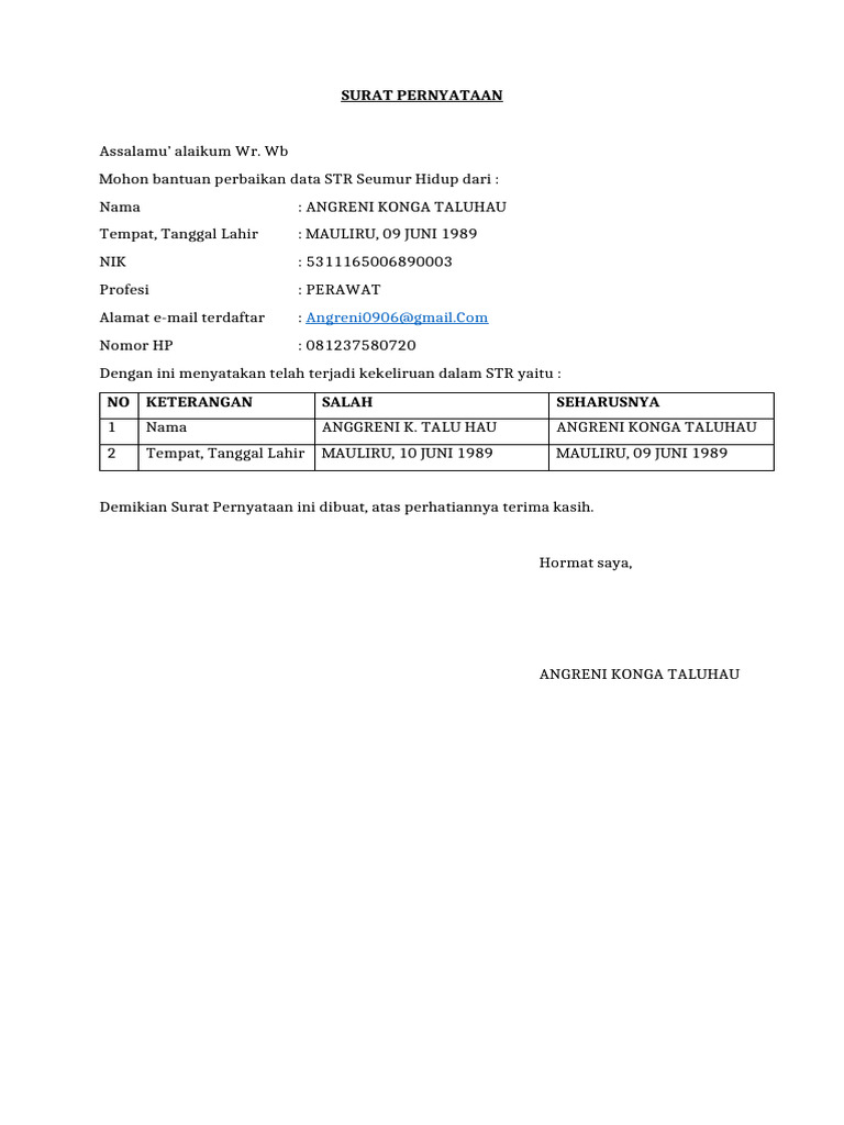 Surat Pernyataan Perbaikan STR | PDF