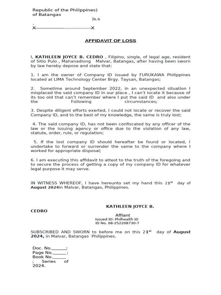 Affidavit-Of-Loss 2 Compnay ID 8.21.24 | PDF