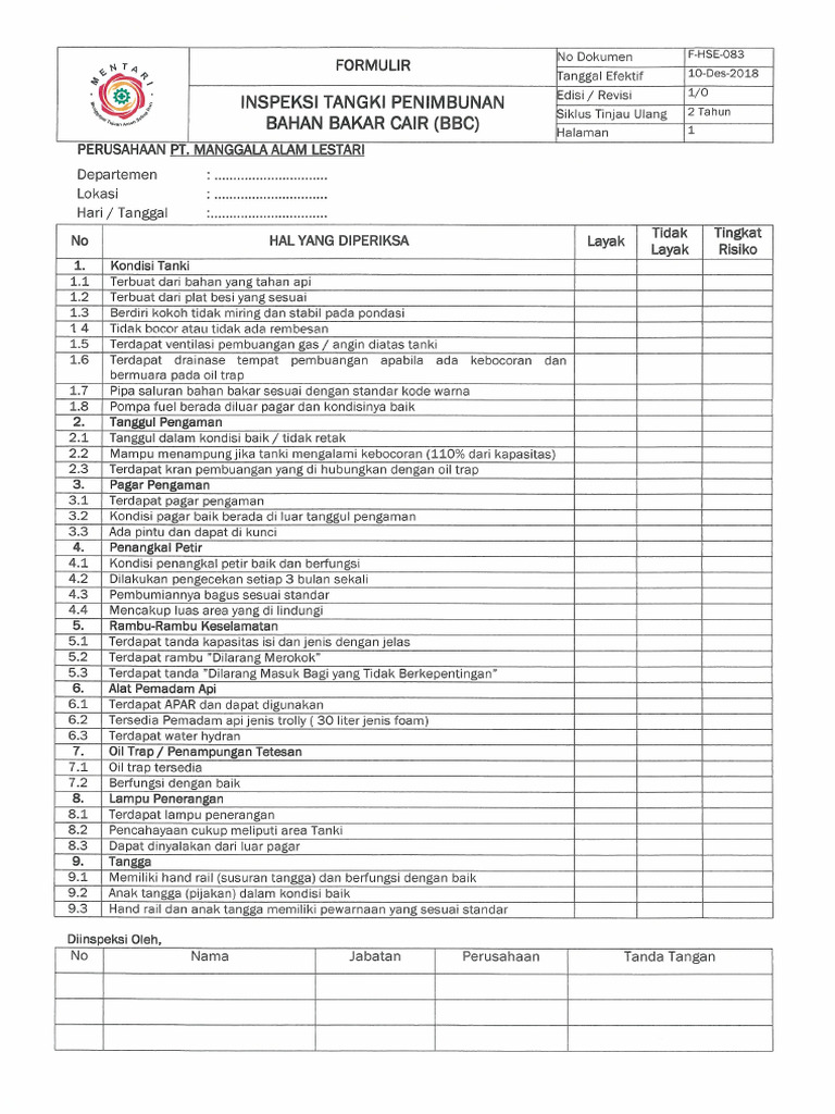 Form Inspeksi Tangki BBC | PDF