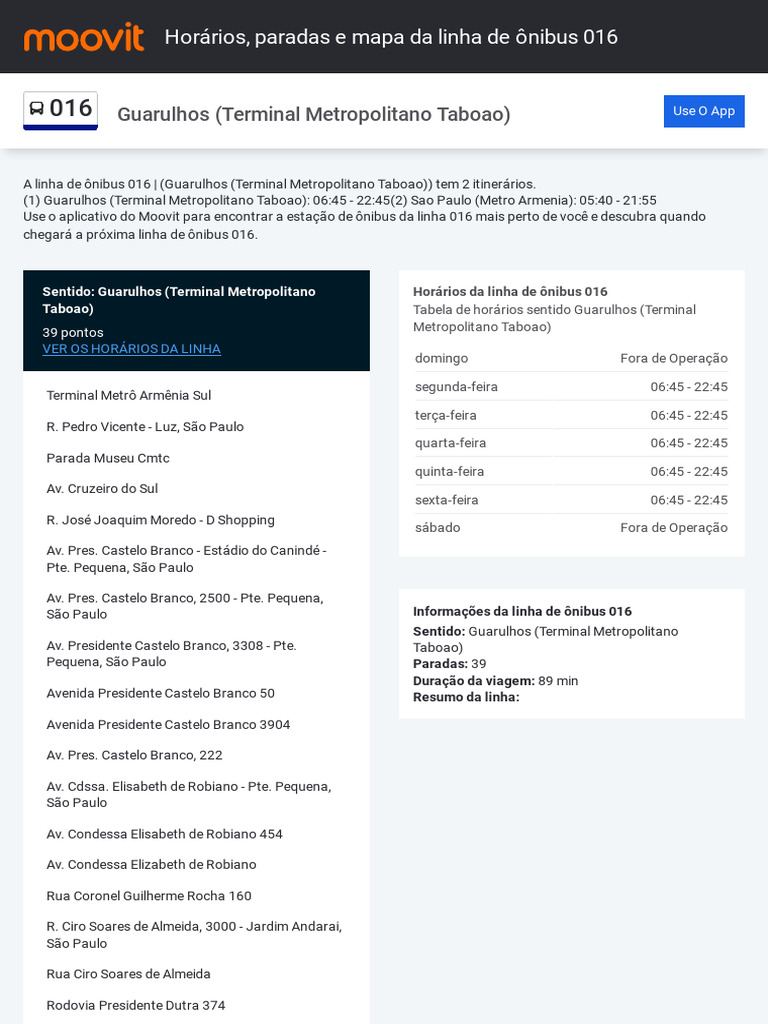 Guarulhos (Terminal Metropolitano Taboao) : Horários, Paradas e Mapa Da Linha de Ônibus 016 | PDF