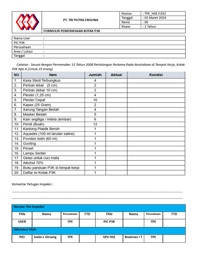 TPE_HSE.F.052 Pemeriksaan P3K | PDF