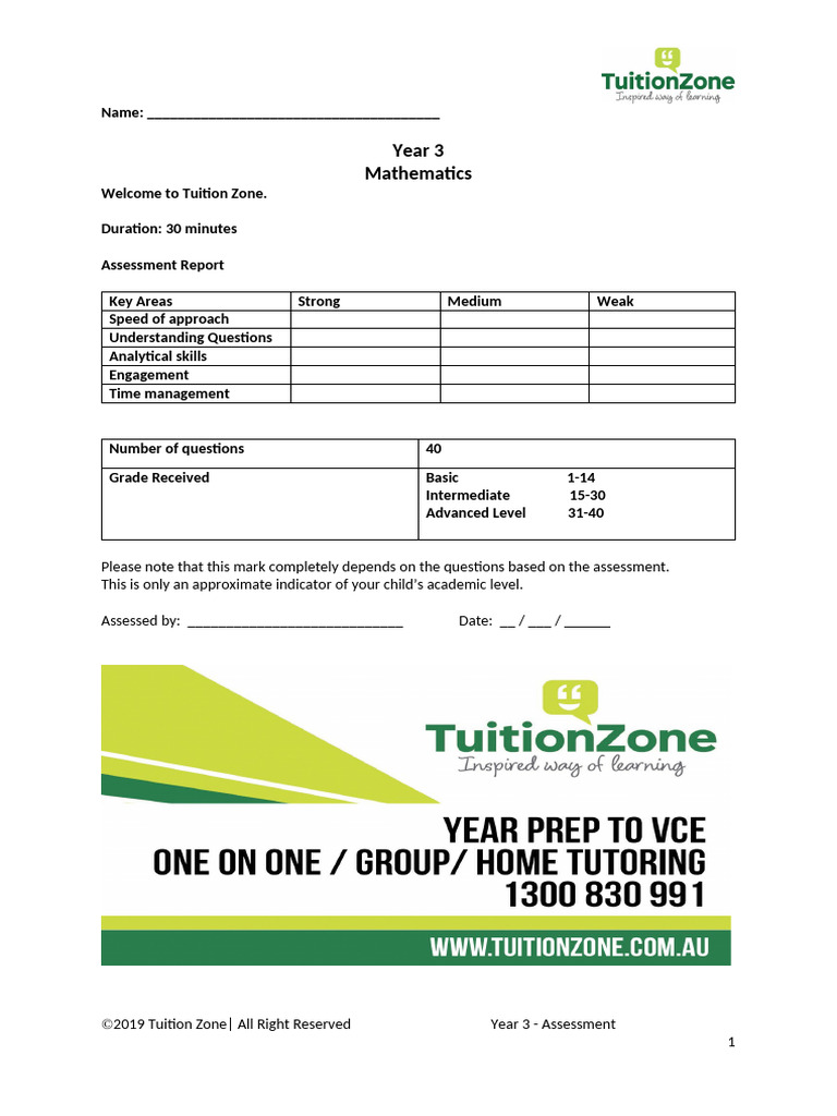 Maths Assessment Year 3 | PDF