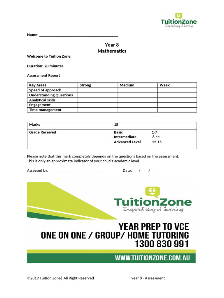 Maths Assessment Year 8 | PDF