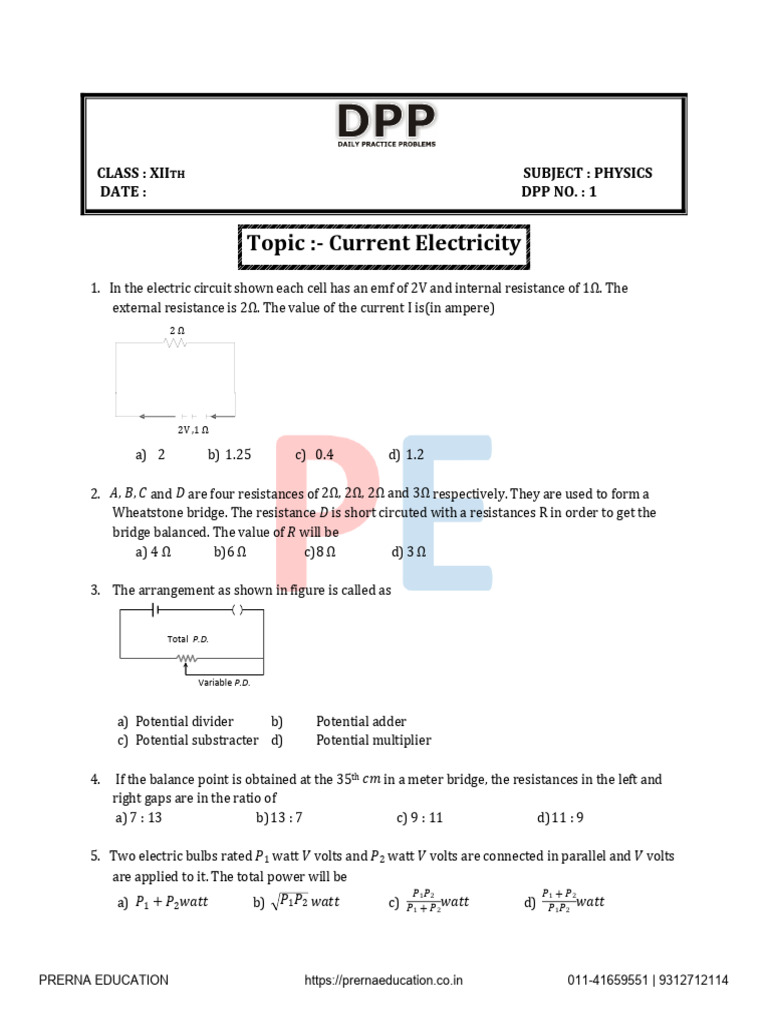 Current Electricity DPP1 | PDF