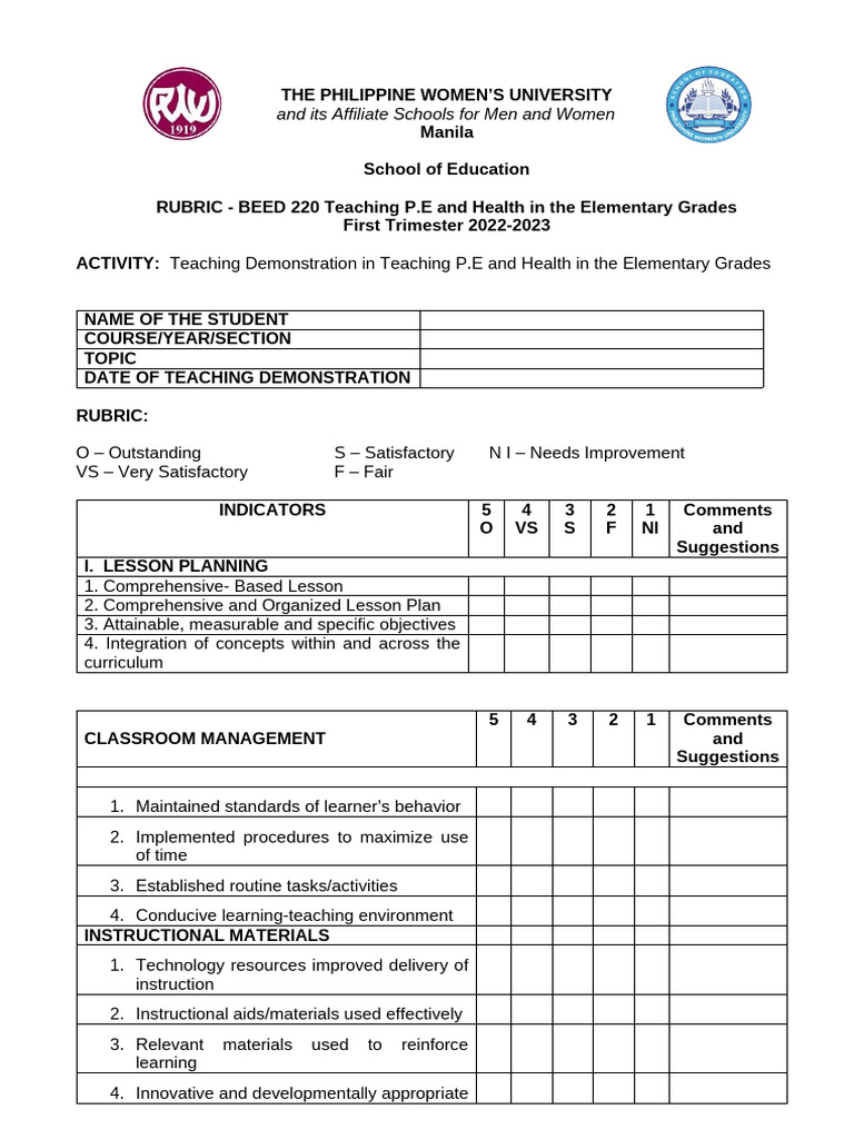 RUBRIC - BEED 220 Teaching P.E and Health in The Elementary Grades | PDF