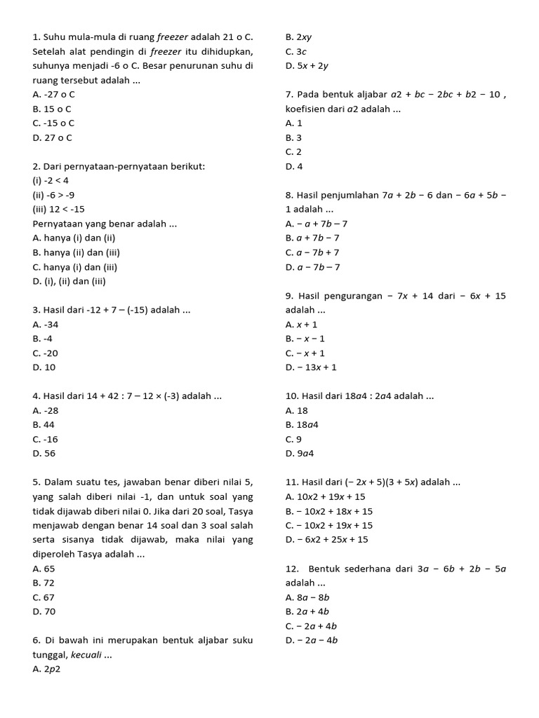 Soal Latihan PAS MTK Semester 1 Kelas 7 | PDF