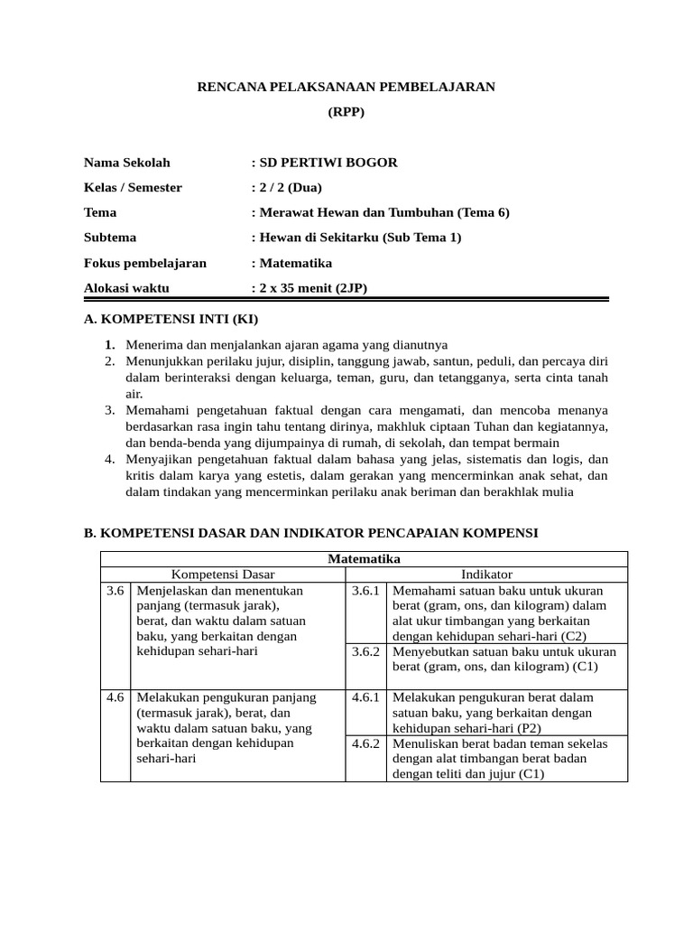RPP Kelas 2 Tema 6 Subtema 1 | PDF