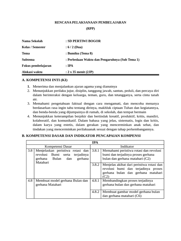 RPP Kelas 6 Tema 8 Subtema 1 | PDF