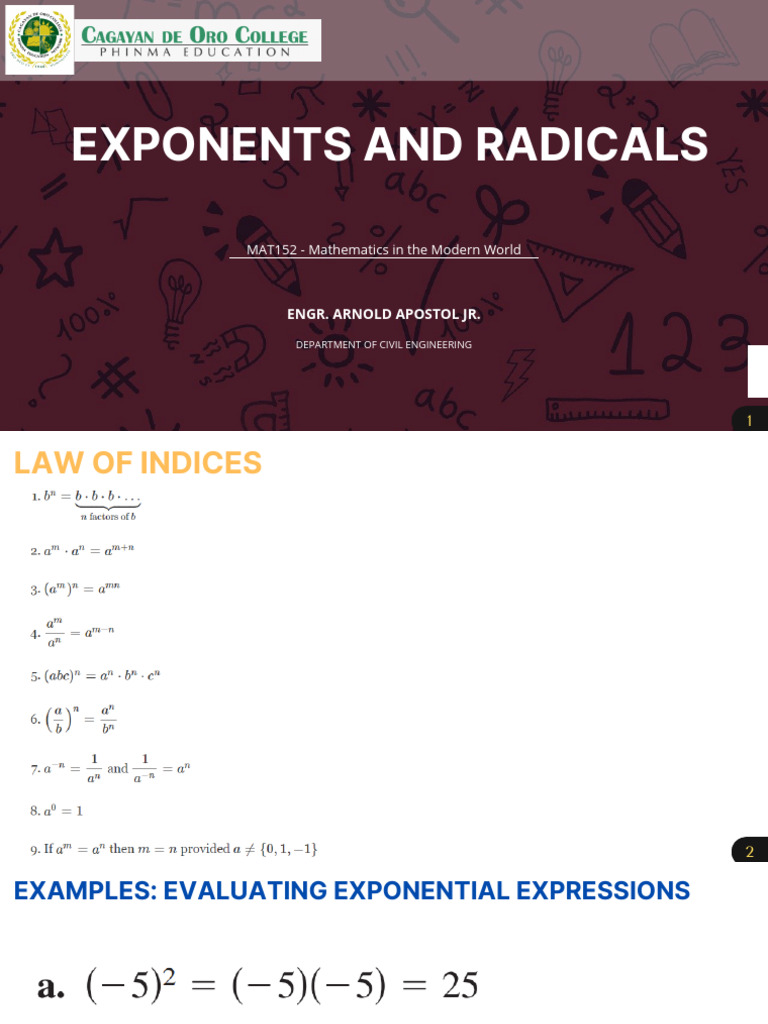 Exponents and Radicals Topic | PDF