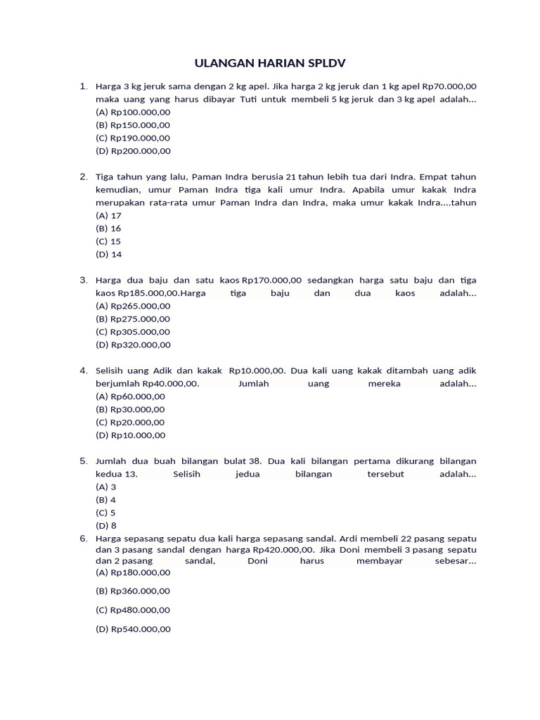 Ulangan Harian SPLDV | PDF