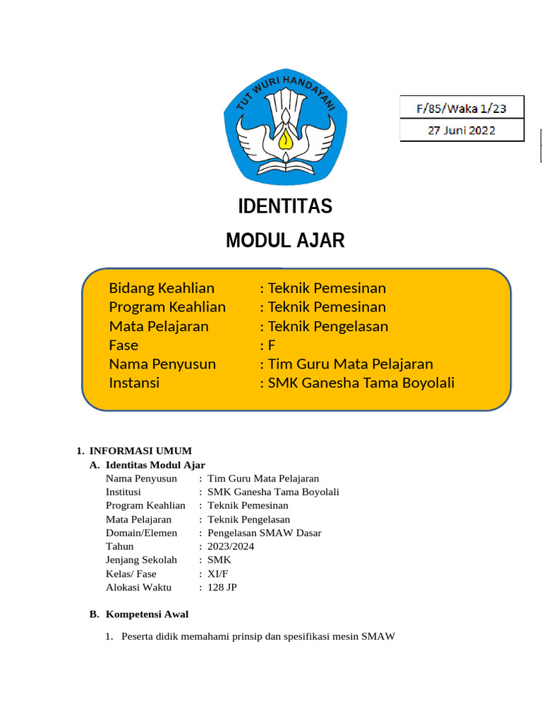 Modul Ajar Pengelasan Elemen 3 | PDF