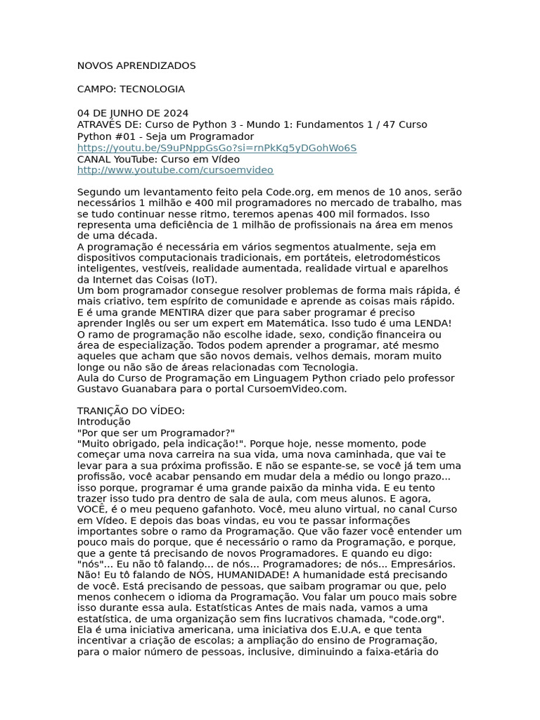 NOVOS APRENDIZADOS Curso de Python | PDF