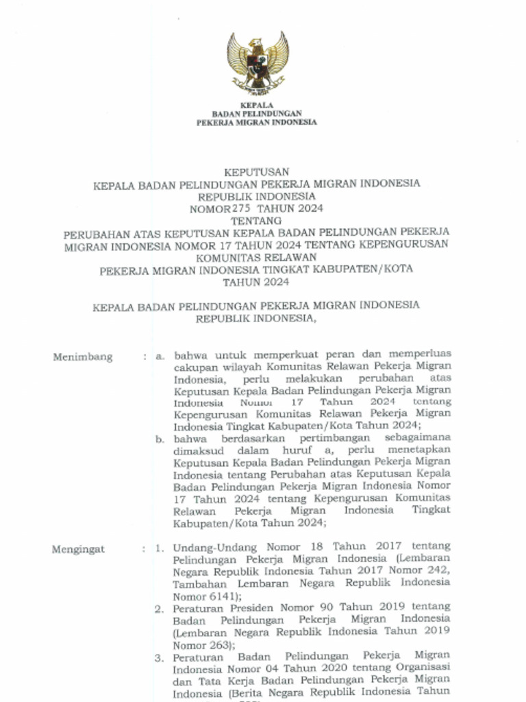 Kepka BP2MI No 275 Tahun 2024 Tentang Kepengurusan Kawan PMI Kab Dan ...