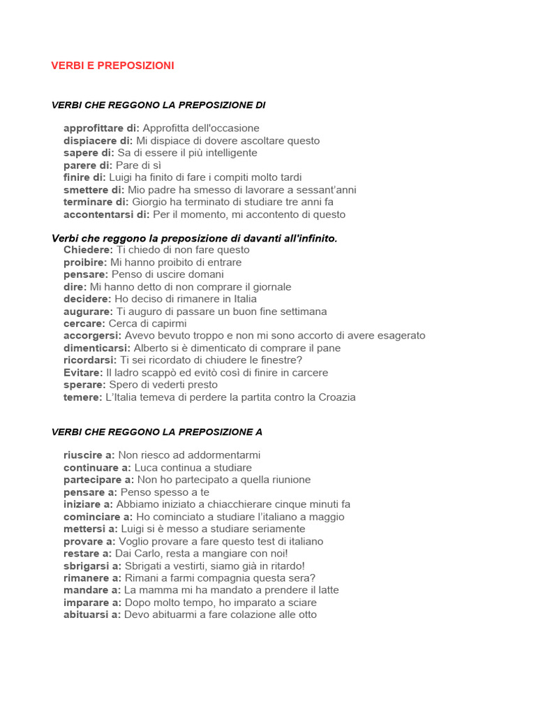 Preposizioni e Verbi | PDF