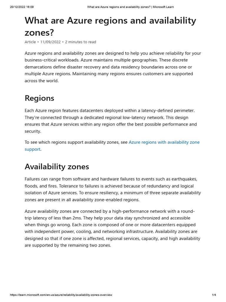 What Are Azure Regions and Availability Zones - Microsoft Learn | PDF