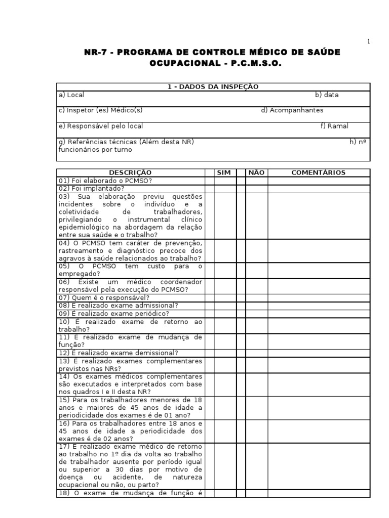 Check List Conformidade Nr 07 | Terapia Ocupacional | Ciências da Saúde