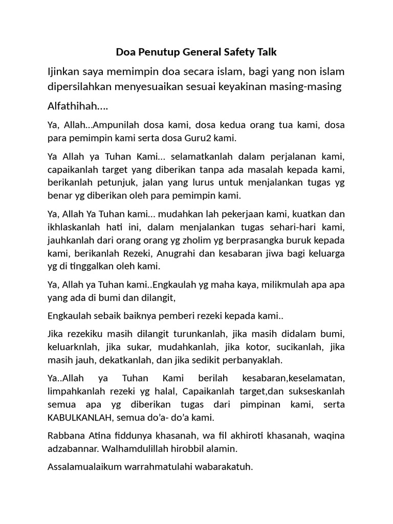 Doa Penutup General Safety Talk | PDF