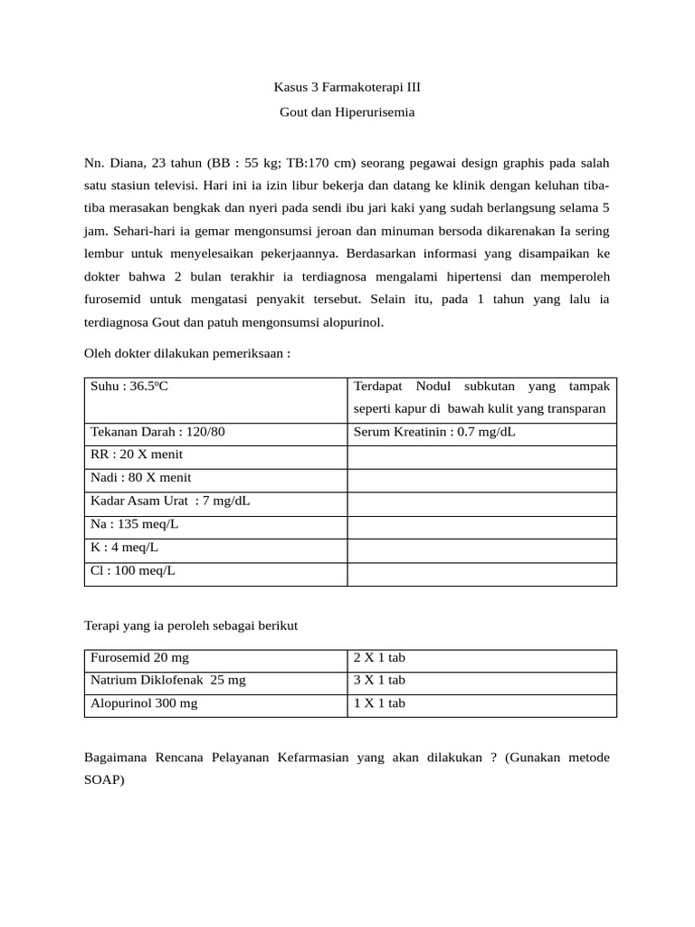 Kasus 3 Farmakoterapi III-Gout Hiperurisemia Rabu | PDF