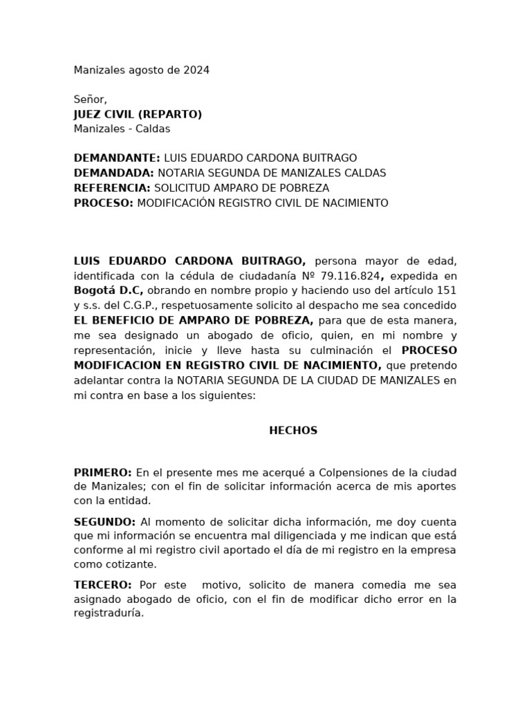 Amparo de Pobreza Usuaria Gilma de Gomez Murcia | PDF