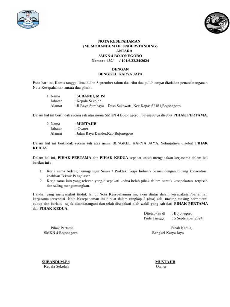 Mou Bengkel Karya Jaya | PDF