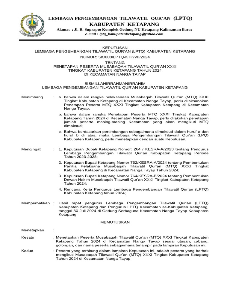 SK Penetapan Peserta MTQ 2024 | PDF