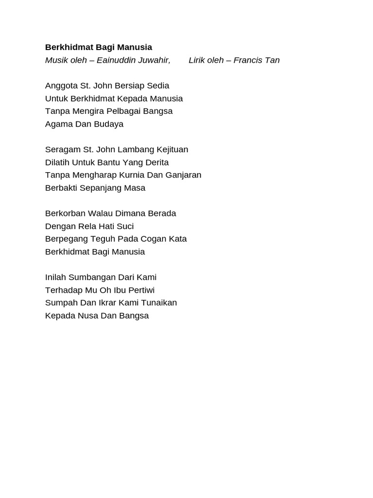 Lagu ST John Berkhidmat Bagi Manusia | PDF