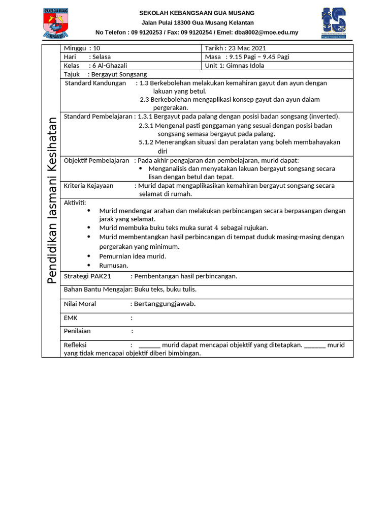 RPH Pendidikan Jasmani Tahun 6 Minggu 10 | PDF