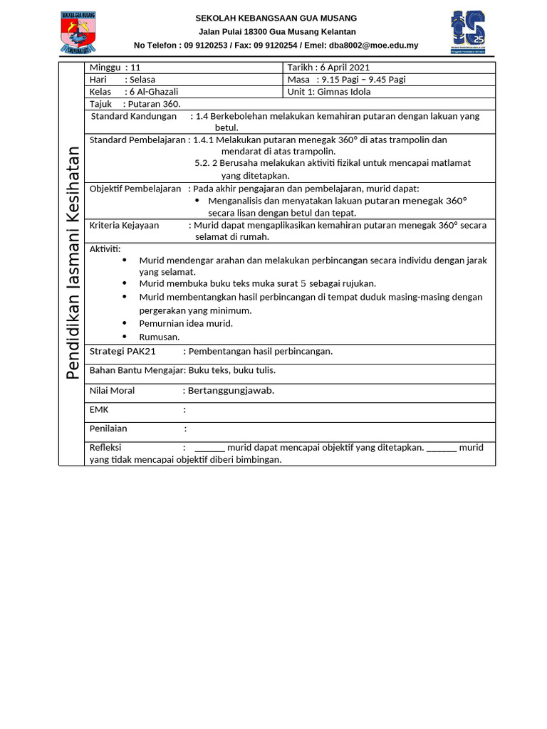RPH Pendidikan Jasmani Tahun 6 Minggu 11 | PDF