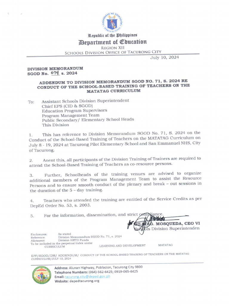 Dm Sgod No 074 S 2024 Addendum To Dm Sgod No 071 S 2024 Re