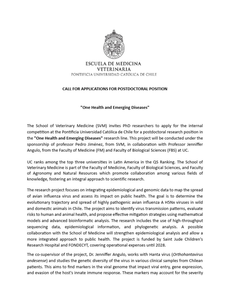 CALL FOR APPLICATIONS FOR POSTDOCTORAL POSITION - One Health and ...