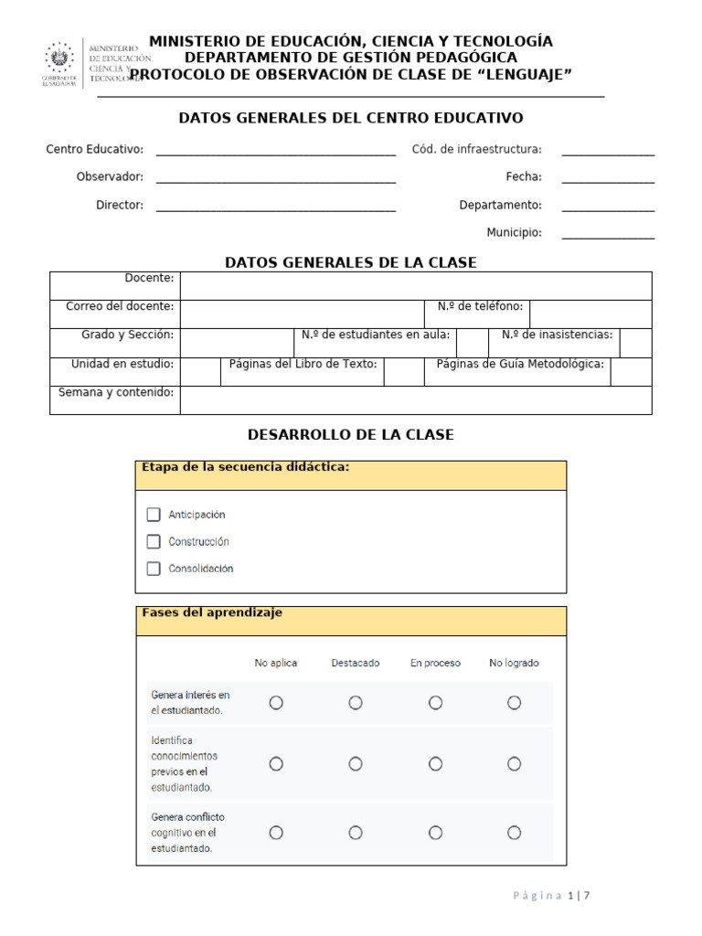 ESLENGUA Protocolo de Observación de Clase de Lenguaje | PDF